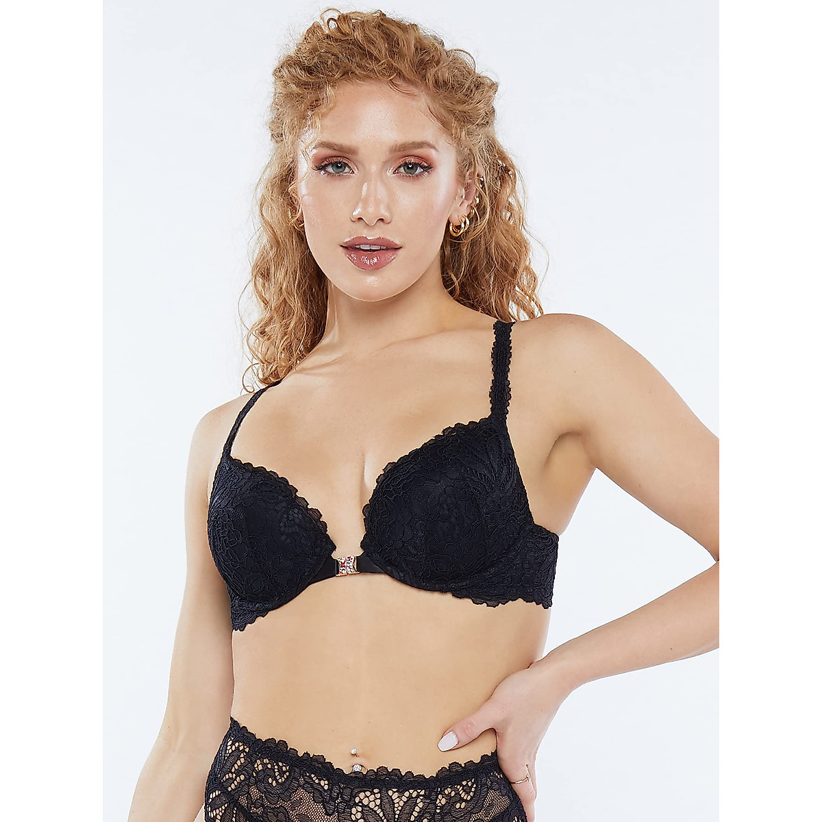 Savage X Fenty, Women's, Romantic Corded Lace Front-Closure Push Up Bra, Caviar, 38DDD