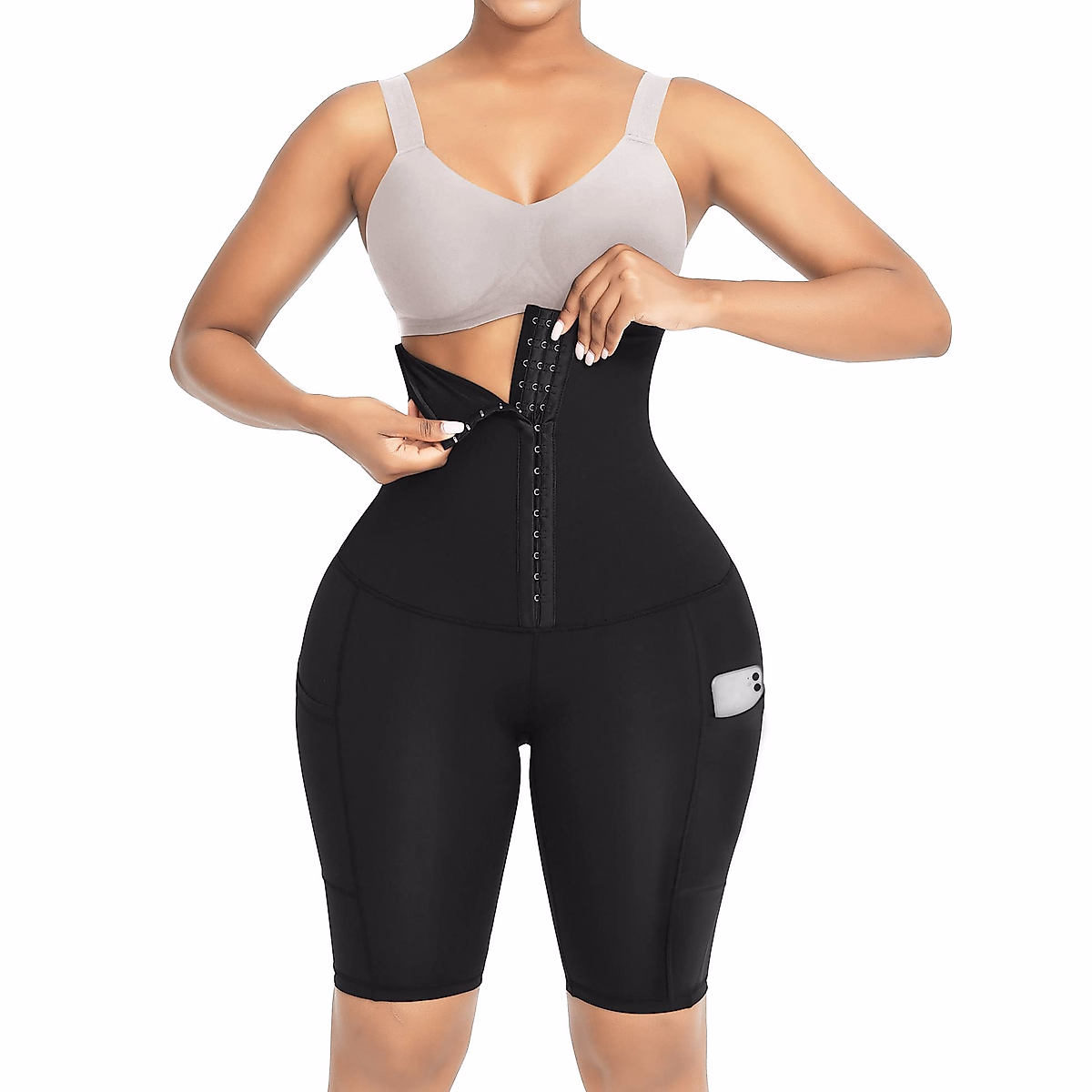 FeelinGirl Womens Tummy Control Waist Trainer High Waisted Shorts Corset Body Shaper Shapewear with Pockets Black