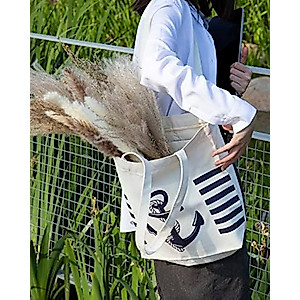 LANGCYGO Nautical Theme Anchor Cotton Canvas Tote Bag with an Inner Pocket, Top Zipper Closure Reusable Grocery Bags For Women,School Shopping,Beach Grocery (Anchor L)