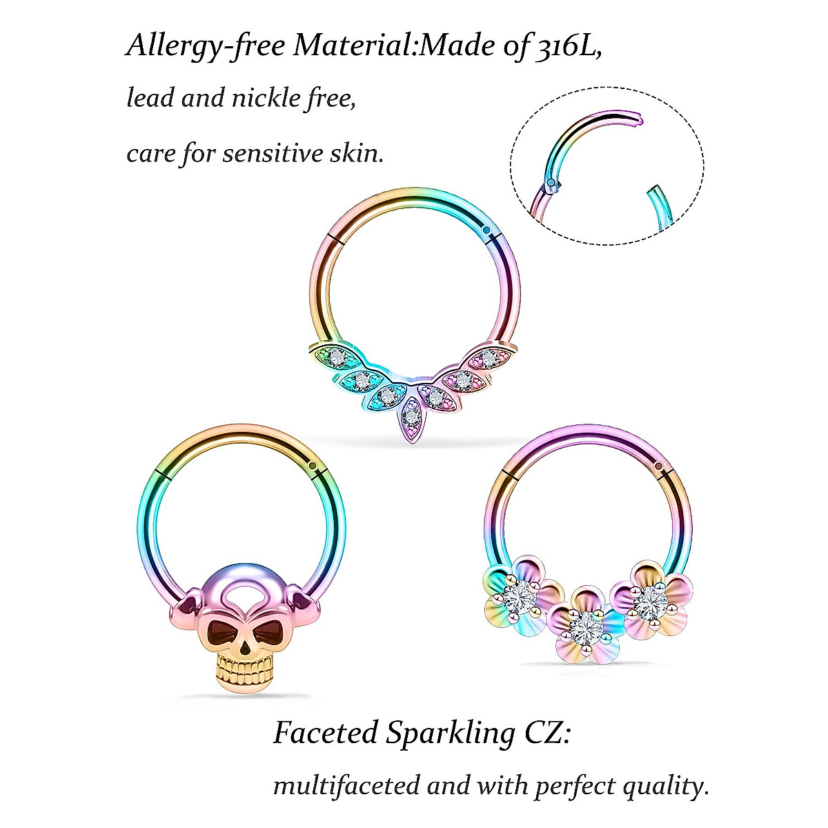 Vsnnsns 16G Septum Rings Piercing Jewelry Skull Septum Jewelry CZ Clicker Ring Stainless Steel flower Septum Hinged Segment Nose Rings Hoop Piercing Jewelry for Men Women 10mm 5pcs Rainbow