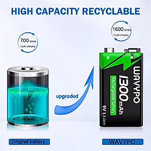 9V Rechargeable Batteries, 1300mAh 9 Volt Lithium-ion Batteries Long Lasting 9V battery with 2 in 1 USB-C Fast Charging Cable for Smoke Detector Alarms, Microphone, Toys, walkie-Talkie etc (4 Pack)