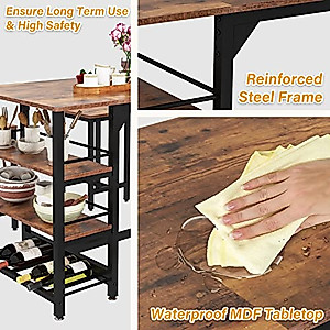 Rxicdeo Dining Table Set for 4, Kitchen Table with 1 Bench and 2 Chairs, Kitchen & Dining Room Tables with Wine Rack and Storage Shelf, Space-Saving Dinette for Kitchen, Dining Room (Brown)