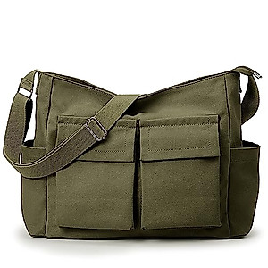 KALIDI Canvas Tote Bag, Messenger Bag with Pockets, Large Crossbody Bag for Women or Men, Casual Canvas Shoulder Bag for College Work Travel Daily, Army Green