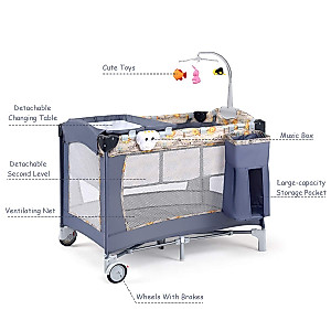 Costzon 3 in 1 Pack and Play, Portable Baby Playard with Bassinet, Changing Table, Music Box, Wheels & Brake, Basket, Carry Bag, Co-Sleeper Bassinet Compact Travel Crib for Indoor Outdoor Use Grey