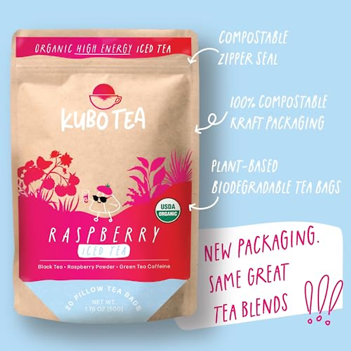 Kubo Tea, Organic High Energy Ice Tea, High Caffeine Blend, 20 Servings (155mg Caffeine each), Pillow Tea Bags, Kraft Packaging, Healthy Coffee Substitute (Raspberry)