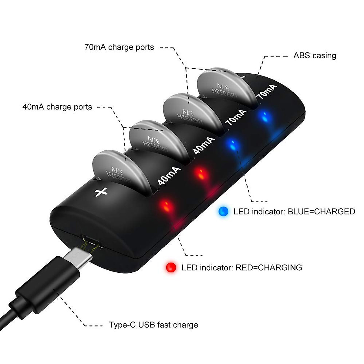LIR2032 Rechargeable Battery Charger with High Capacity 3.7V 70mA 4pcs Button Batteries Can Replace Coin Cell Lithium ML2032