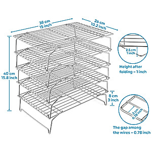 Leonyo Cooling Baking Rack 5-Tier Stackable Stainless Steel Wire Baking Cooking Racks Set for Cookie, Pizza, Cup Cake, Raised & Folding Feet, Oven Safe & Dishwasher Safe, Rust-Resistant - 15’’ x 10’’