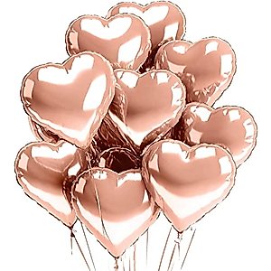 Rose Gold Heart Balloons - PACK of 12 - Premium Mylar Foil Heart Shaped Balloons for Valentine's Day Decor