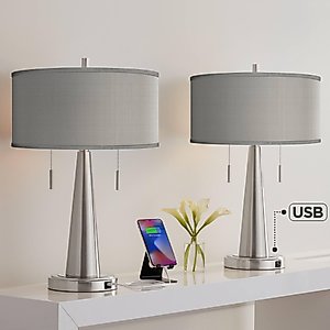 Possini Euro Design Vicki Modern Accent Table Lamps 23" High Set of 2 with USB Charging Port Brushed Nickel Gray Faux Silk Drum Shade for Living Room Desk Bedroom House Bedside Nightstand Home