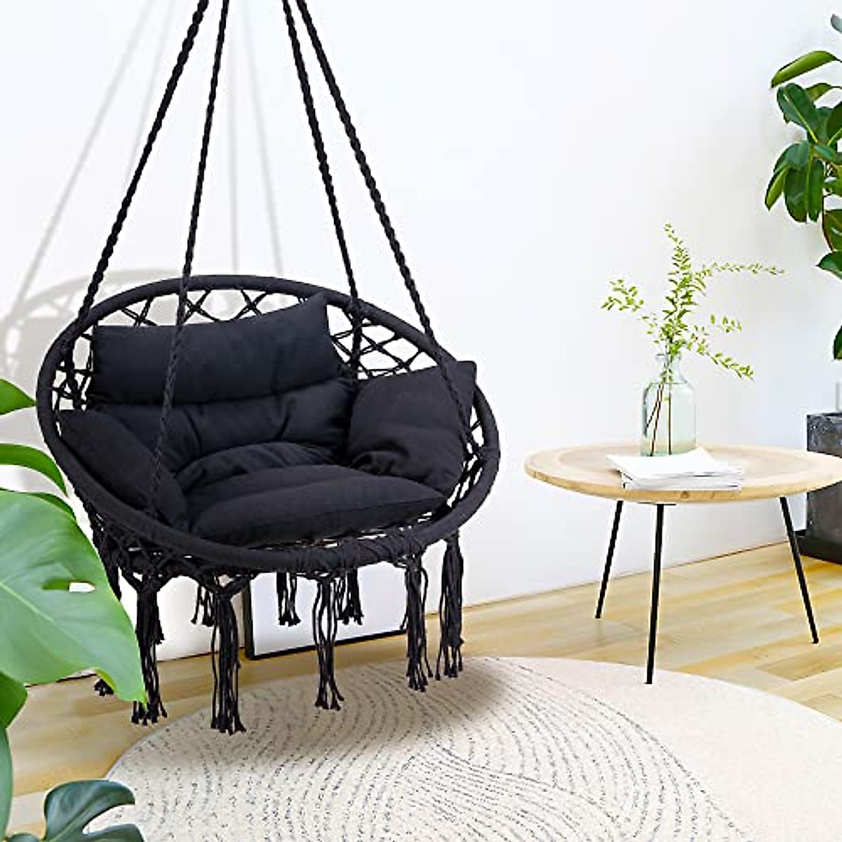 KROFEM Macrame Hammock Hanging Swinging Chair, Perfect for Bedroom, Porch, Kids, Adults, Balcony with Thick Cushion Black (Ceiling Mounting Hardware Not Included)