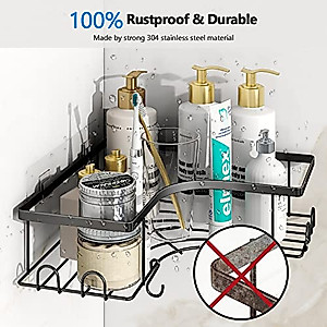 Vmiya 4 Pack Shower Caddy Corner with Hooks and Soap Holder, Adhesive Corner Shower Shelf for Inside Shower Basket Rack Storage, Stainless Steel Shower Shelf for Bathroom with 6 Removable Hooks Black