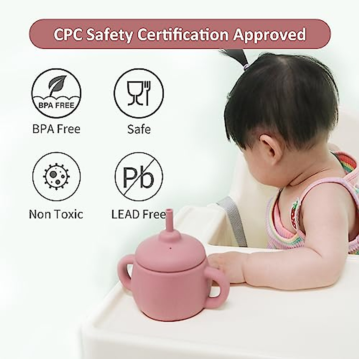 Santi & Me 2-1 Silicone Straw Cup for Baby, Spill-proof Sippy Cup for Babies 6-12-18 Month, Open Training Water Cups with Easy-Hold Handle, Baby Led Weaning Cups - BPA Free - 8.8oz (Dark pink)