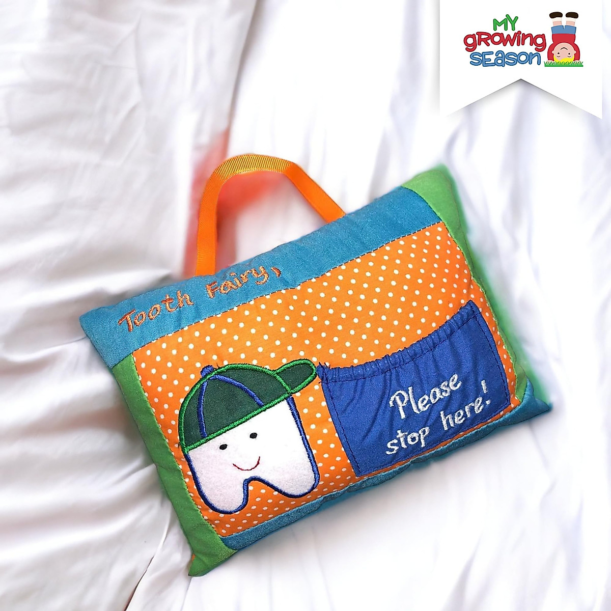 My Growing Season Blue Tooth Fairy Pillow Soft Blue Embroidered Pillow with Pocket for Boys | Felt Fabric Cloth Keepsake Tooth Holder