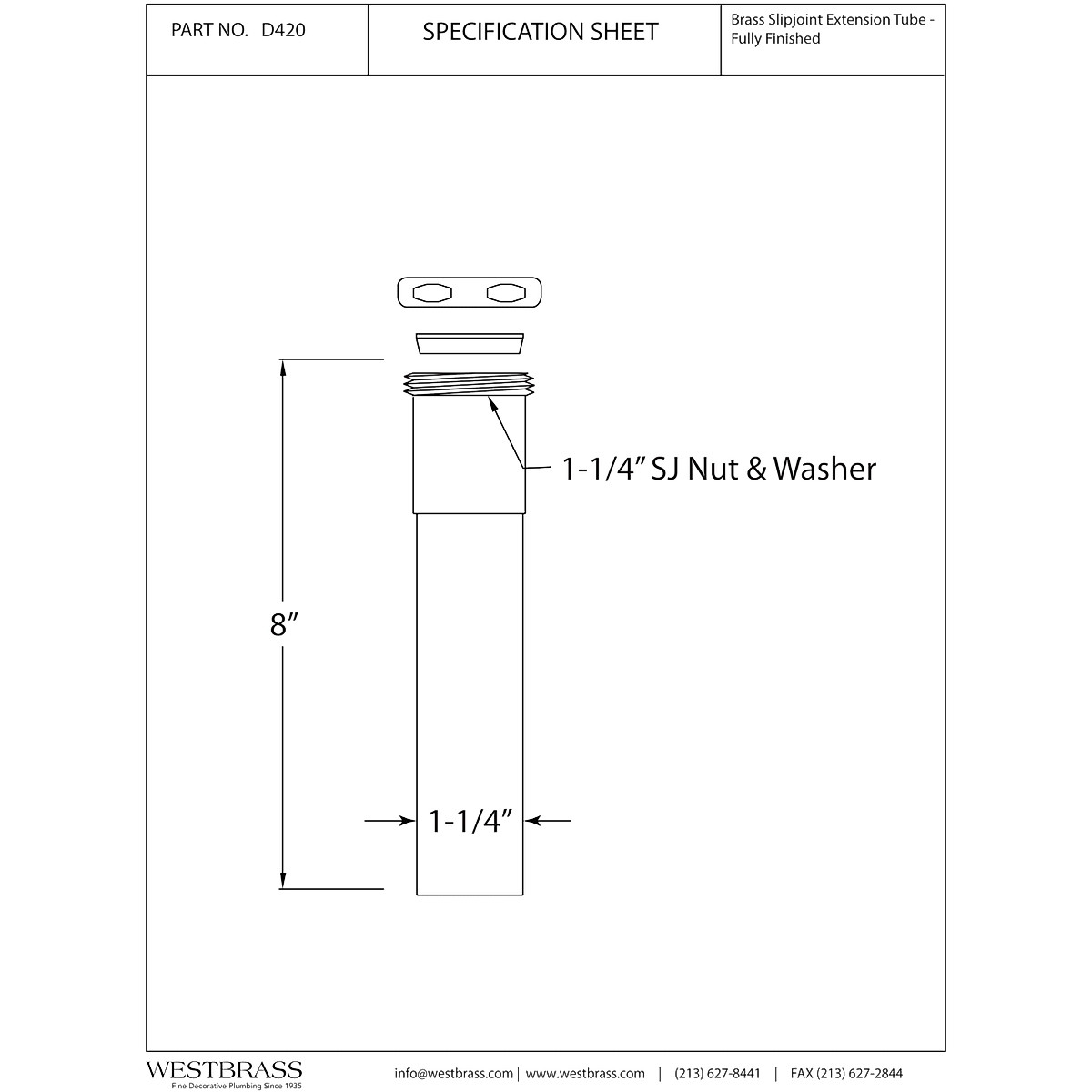 Westbrass A420-62 1-1/4" x 8" Slip Joint Extension Tube, Matte Black