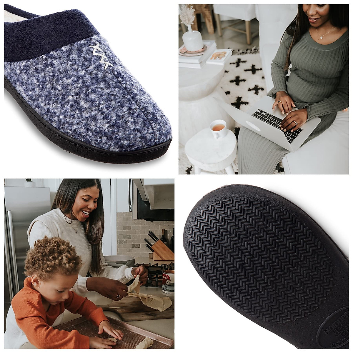 isotoner Women's Memory Foam Heather Knit Jessie Hoodback ECO Comfort Slip-On Slipper, Navy Blue, 8.5-9