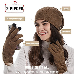 Warm Slouchy Beanie Hat Glove Set for Women 2 Pieces Cashmere Wool Blend Soft Knit Hats Touchscreen Gloves