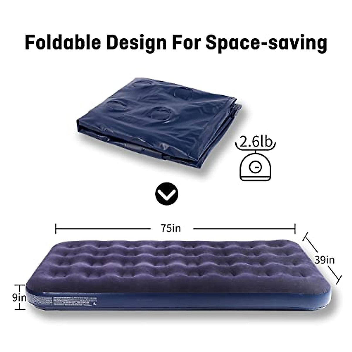 SIXAQUAE Twin Inflatable Air Mattress,9" Raised ,Comfort Flocked Portable Blow up Bed with Patch Kit and Hand Pump for Home Camping Travel