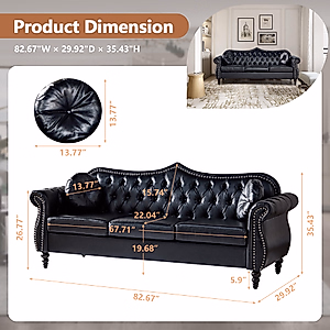 AVZEAR 82" Three Seater Sofa, Chesterfield Sofa, Mid-Century Modern PU Upholstered Sofa, Deep Button Tufted Living Room Sofa with Two Throw Pillows, Black