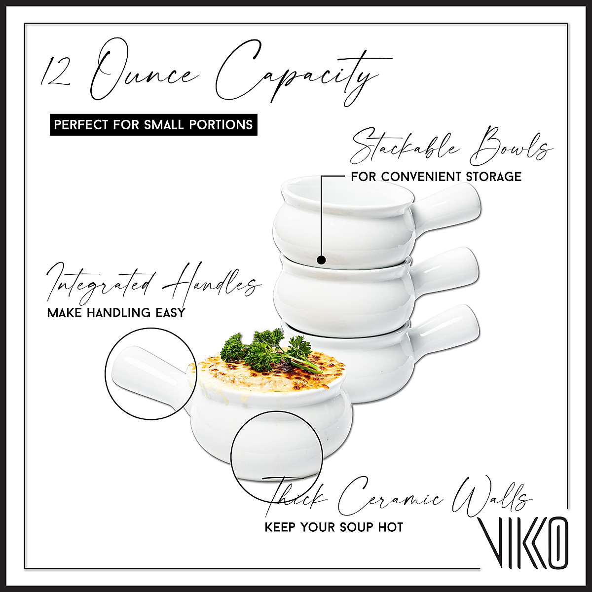 Vikko Soup Bowls, Set of 4 Soup Bowls with Handles, 10 Ounce,Microwave Safe, French Onion Soup Crocks Oven Safe, Porcelain Soup Bowls