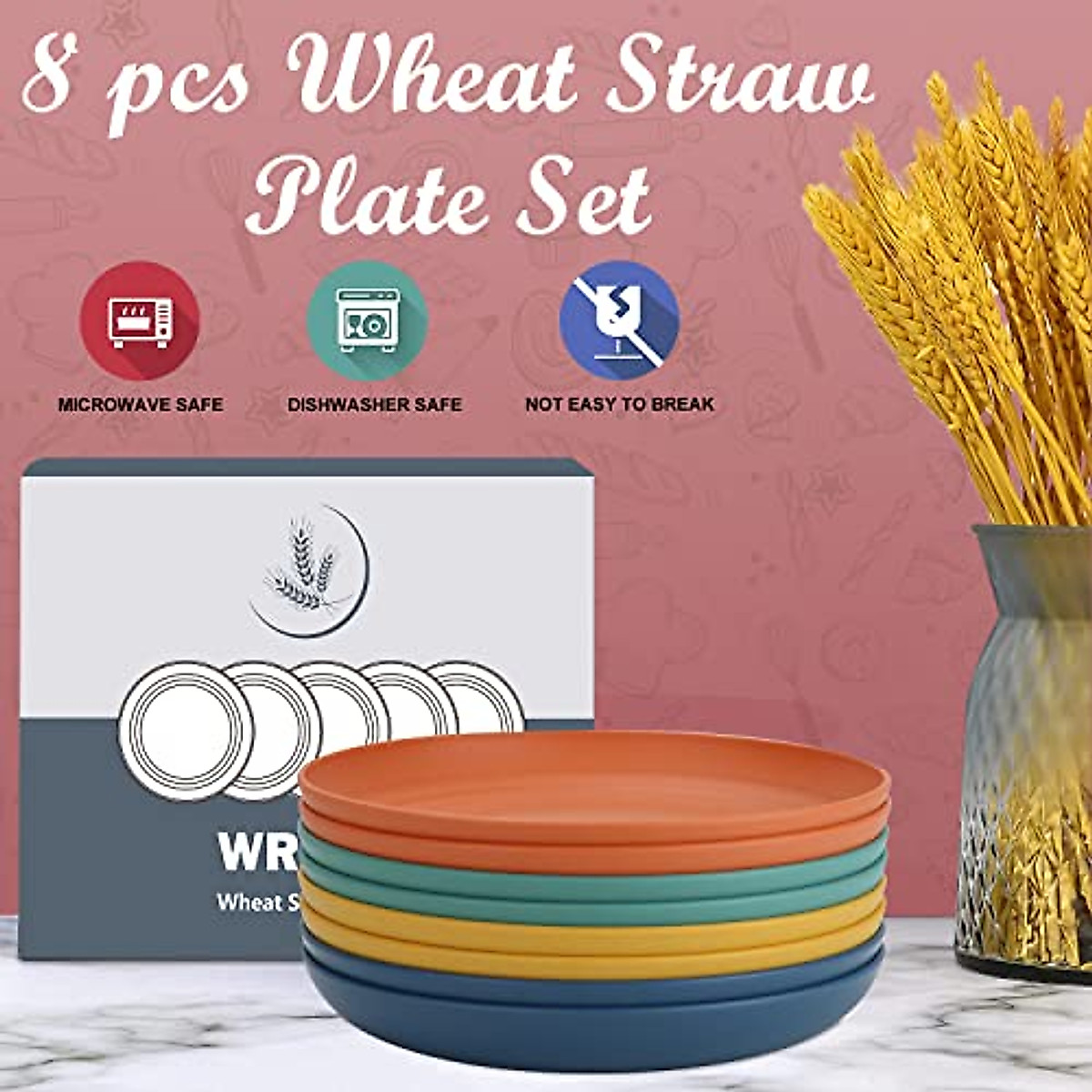 Wrova Wheat Straw Plates - 10 Inch Unbreakable Dinner Plates Set of 8 - Dishwasher & Microwave Safe Plastic Plates Reusable - Lightweight Plates for kitchen,camping (Colorful Series)