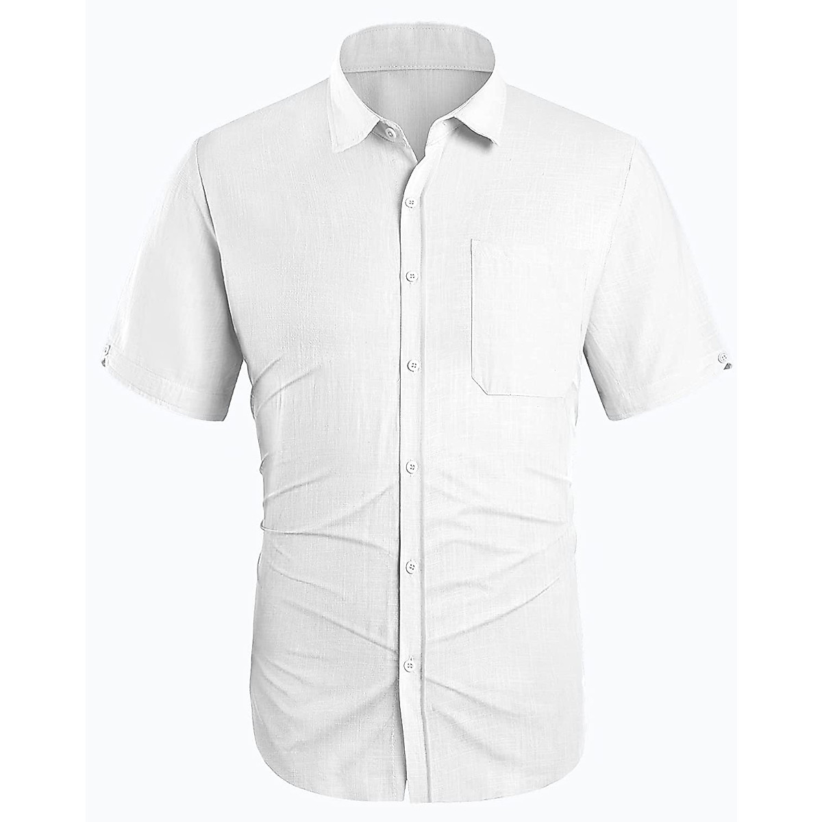 Pengfei Men's Short Sleeve Shirt Linen Cotton Button Down Tees Spread Collar Plain, White, Large