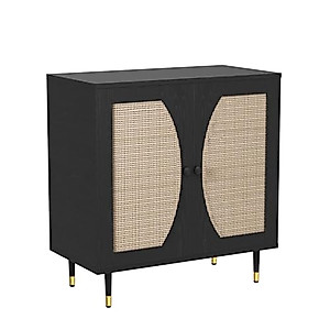 Black Buffet Sideboard Cabinet, Rattan Sideboard with Natural Rattan Doors, Black Rattan Console Table with Storage, Modern Accent Buffet Cabinet with Adjustable Shelves for Living Dining Room