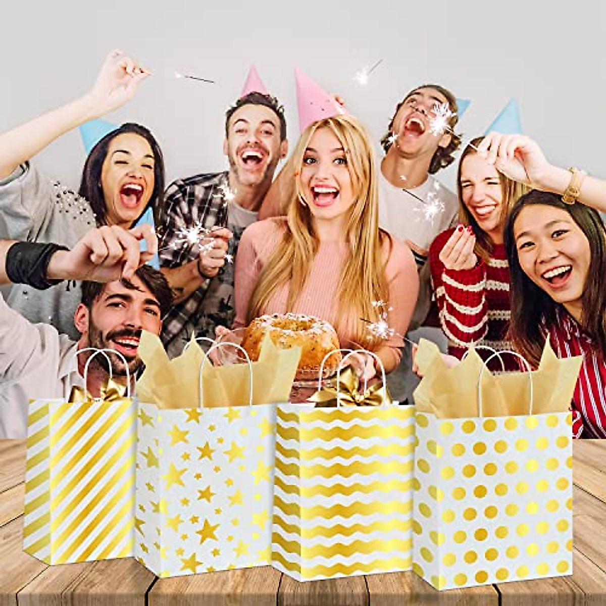 12 Pack Gift Bags with 12 Tissues,13x10.2x4.7 Inches Large Gift Bags Goodie Bags, Gold Medium Gift Paper Bags with Handles for Birthday Party Bags, Bussiness Bags, Wedding Bags, Valentines Day Christmas Gifts Bags(4 Styles)