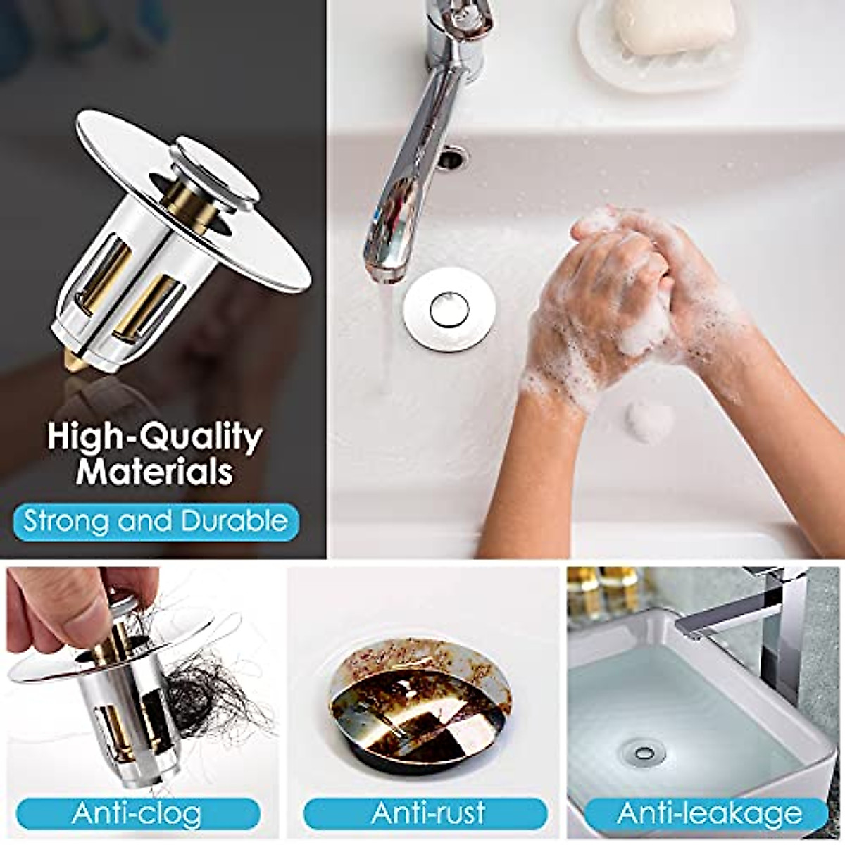 Drifop Universal Bathroom Sink Stopper, Pop-up Sink Drain Stopper, Sink Plug, Sink Strainer and Hair Catcher for 1.02-1.96” Bathroom Sink Drain Upgraded (Silver, 1 PCS)