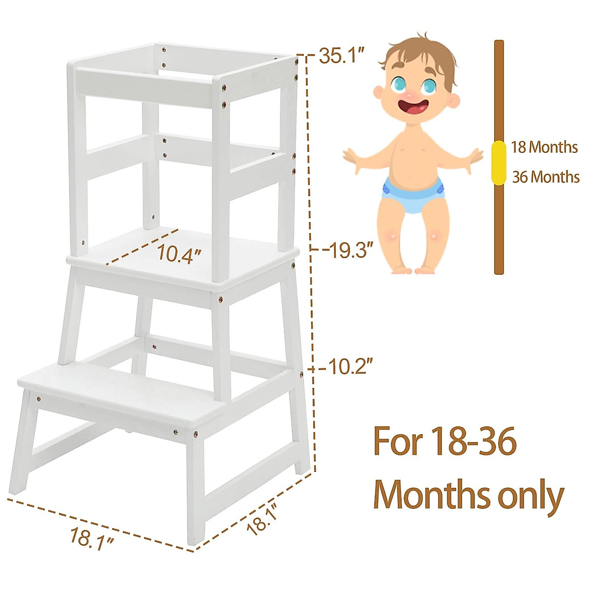 Kitchen Step Stool for Kids with Safety Rail,Solid Wood Construction Toddler Learning Stool, Montessori Toddlers Kitchen Stool Tower (White)