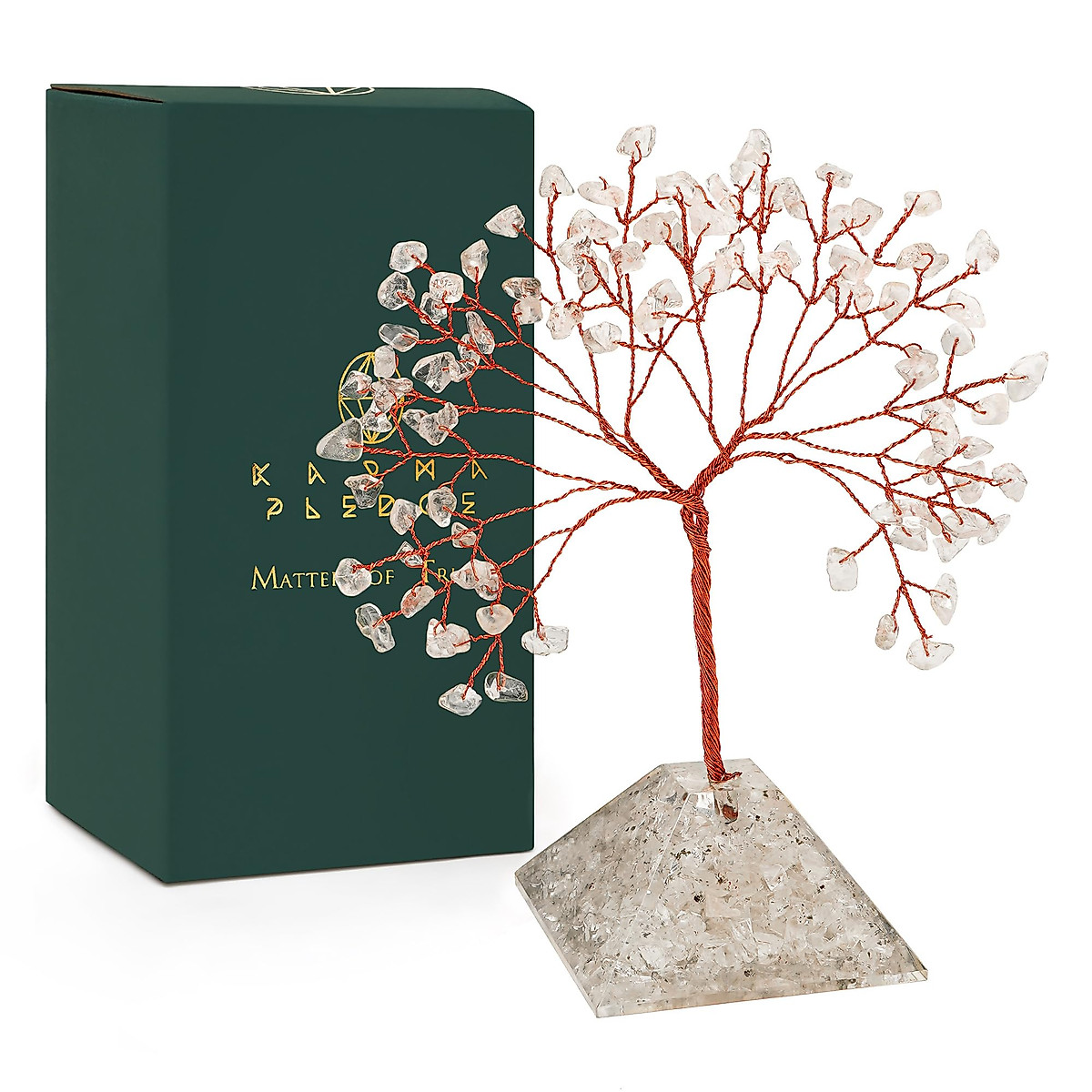 Clear Quartz Crystal Tree Gifts for Women, Pyramid Base 7 Chakra Healing Crystals Tree of Life for Positive Energy, Good Luck, Money, Handmade Feng Shui Decor for Home and Office Desk Decorations