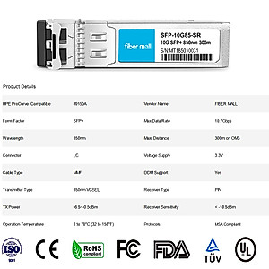 fiber mall SFP 10G SR for HPE ProCurve J9150A HPE Aruba J9150D J9150DCM JL748A 10GBASE-SR SFP+ 850nm 300m MMF DOM Transceiver Module