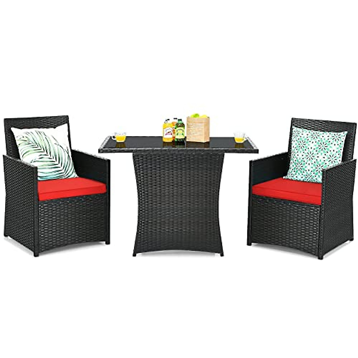 Acquire 3PCS Patio Rattan Furniture Set Cushioned Sofa Armrest Garden Deck Red Suitable for Patio, Porch, Garden and Balcony, Etc
