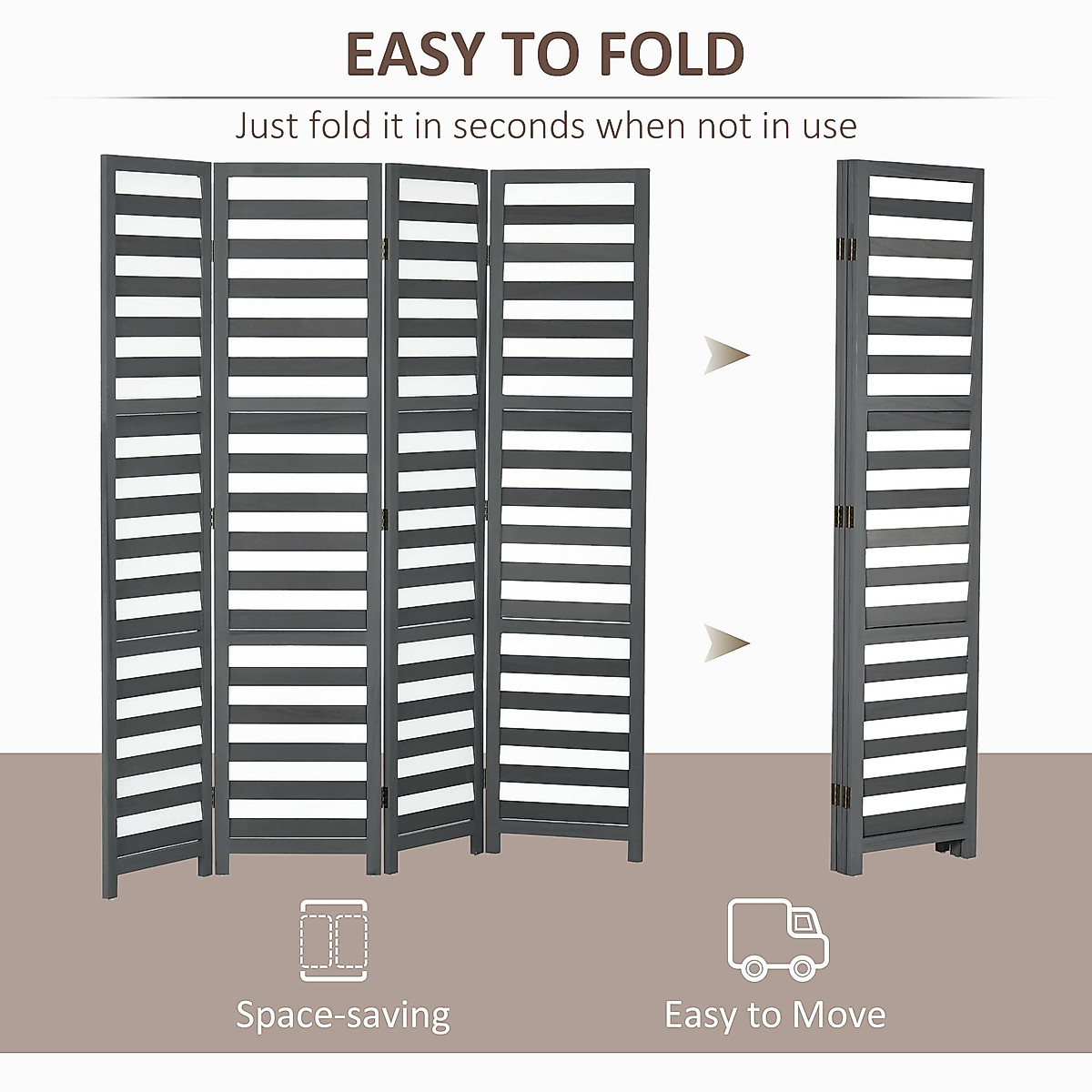 HOMCOM 5.6' Tall 4-Panel Room Divider and Folding Privacy Screen, Louvred Freestanding Privacy Divider, Partition Wall for Indoor Bedroom Office, White Grey