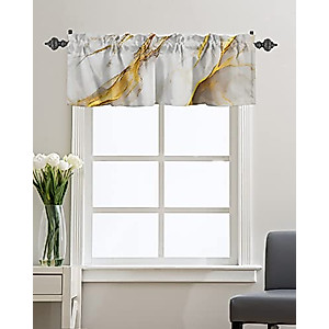 Kakmok Window Valance for Kitchen Cafe,Gold White Gradient Marble Rod Pocket Drape Privacy Curtain,Irregular Line Art Short Curtains for Bathroom/Living Room/Bedroom Windows Decor