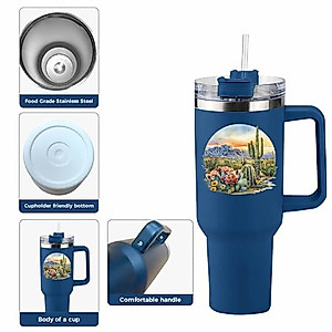 40 Oz Insulated Tumbler with Handle and Straw,Tropical Cactus Flower Mountain Stainless Steel Vacuum Insulated Travel Mug,Leak-proof Water Bottle Iced Coffee Cup,Desert Plant