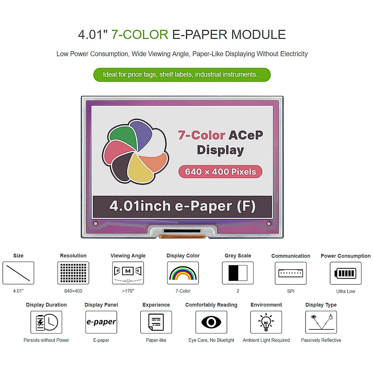 Bicool, 4.01inch ACeP 7Color EPaper Display HAT for Raspberry Pi and Jetson Nano, 640×400 Pixels EInk, SPI Interface,Low Power Consumption, Wide Viewing Angle