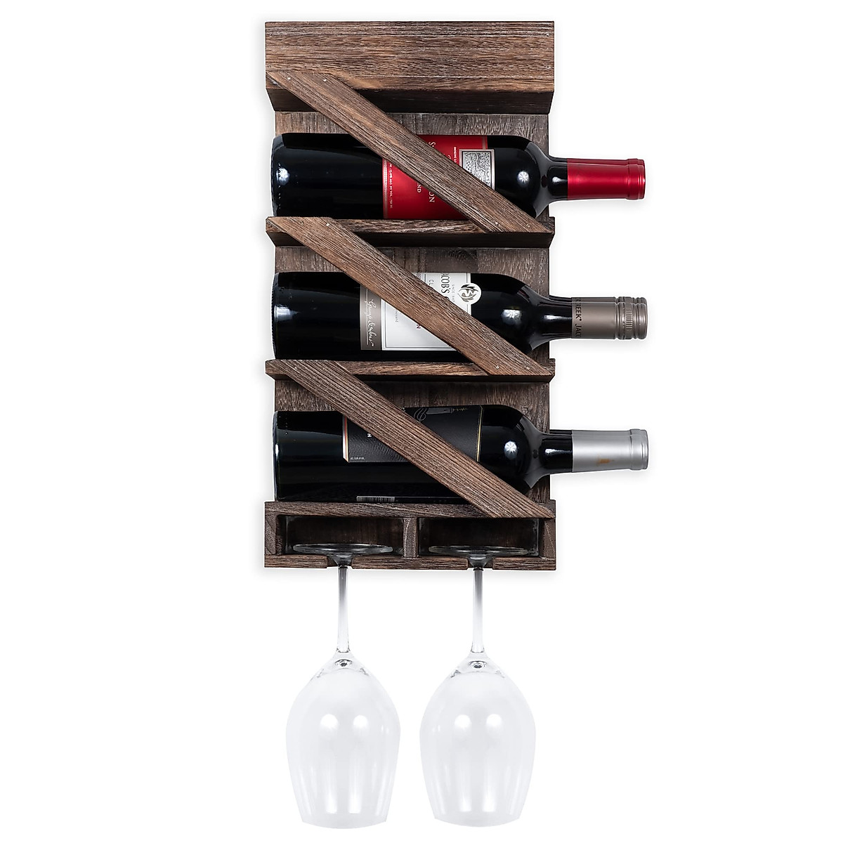 Rustic State Rioja Wall Mount Wood Wine Rack with 2 Glass & 3 Bottle Holder, Stemware Shelf, Cork Storage - Corkscrew Holder for Champagne, Red & White Wine - Home, Kitchen, Dining Room Bar Décor