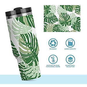 Yasala Car Tumbler with Handle Botanical Palm Leaves Travel Mug Coffee Cup Insulated Beverage Container Mega Cup for Hot Cold Drinking Thermos Water Bottle Cupholder Friendly 40 oz