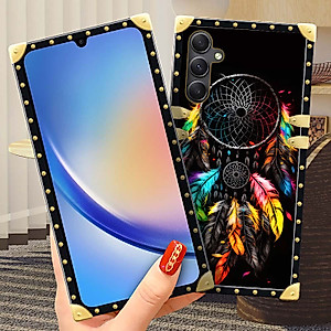 DAIZAG Case Compatible with for Samsung Galaxy A14 5G Classic Feather Dream Catcher Phone Case Golden Square Soft TPU Shockproof Protective Decor Case Cover for Gift