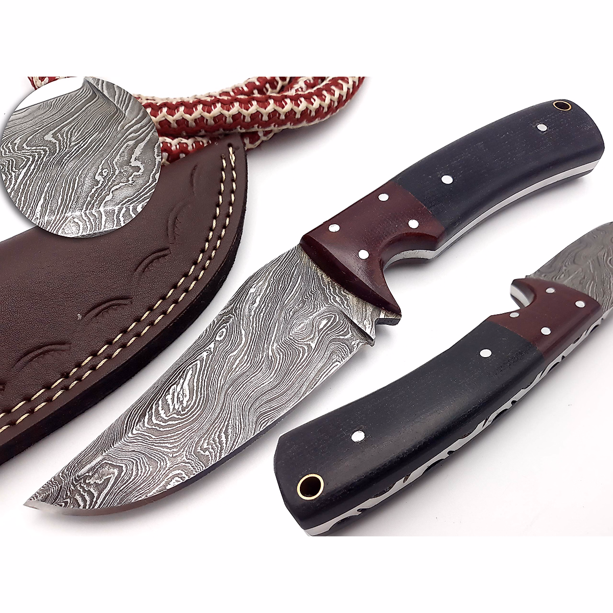 Nooraki SK-63 Handmade Damascus Hunting Knife 8.5 inches Full Tang Blade with Leather Sheath Skinner Knife, Camel Bone Handle