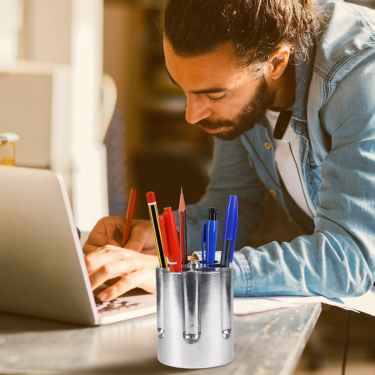 Barbuzzo Gun Cylinder Pen Holder & Paper Weight, Silver- Lock & Load Your Favorite Pens and Pencils at your Office Desk - The Perfect Office Accessory & Gift - Made Out of Heavy Duty Cast Aluminum