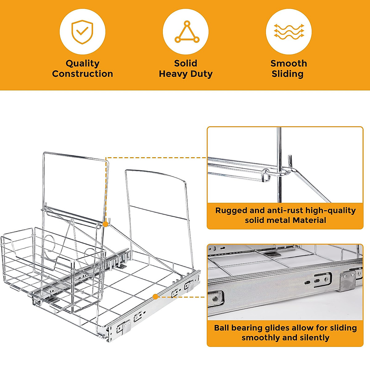 Under Cabinet Pull Out Trash Can Kit – Adjustable Shelf Removable Front Basket for Garbage Bag Storage, Under Sink Trash Can Pull Out for Kitchen Fits 7-12 Gallon Bins (Trash Can Not Included)