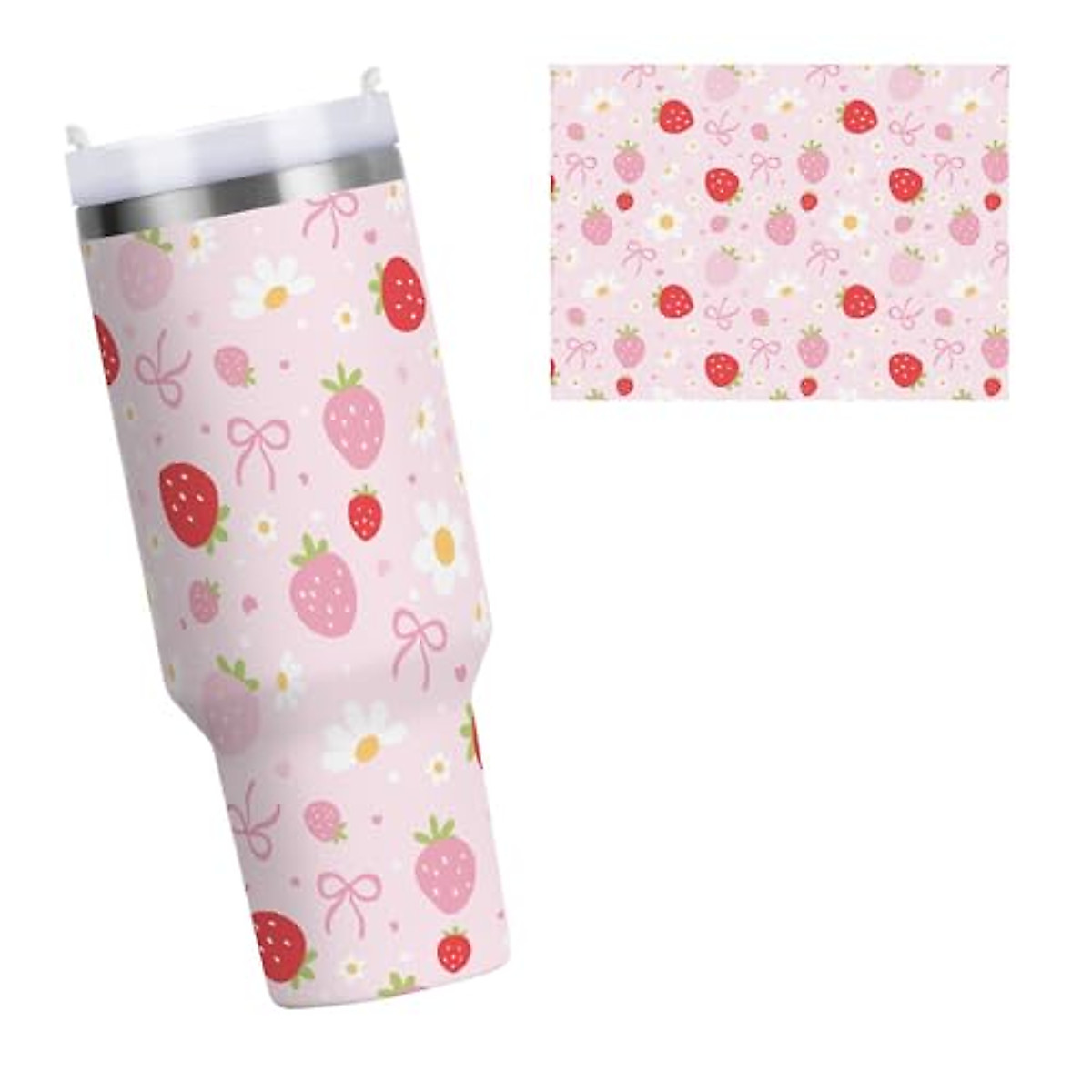 YNNALE 30 oz Tumbler with Straw & Handle - 2 in 1 Lids Leak Proof Tumblers - Large Insulated Stainless Steel Cup - BPA-Free Water Bottle Travel Metal Mug for Women Man,Bow Floral Cute Pink Strawberry