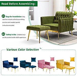 ACMEASE Velvet Accent Chair w/Adjustable Armrests and Backrest, Button Tufted Lounge Chair, Single Recliner Armchair with Ottoman and Pillow for Living Room, Bedroom,Olive Green