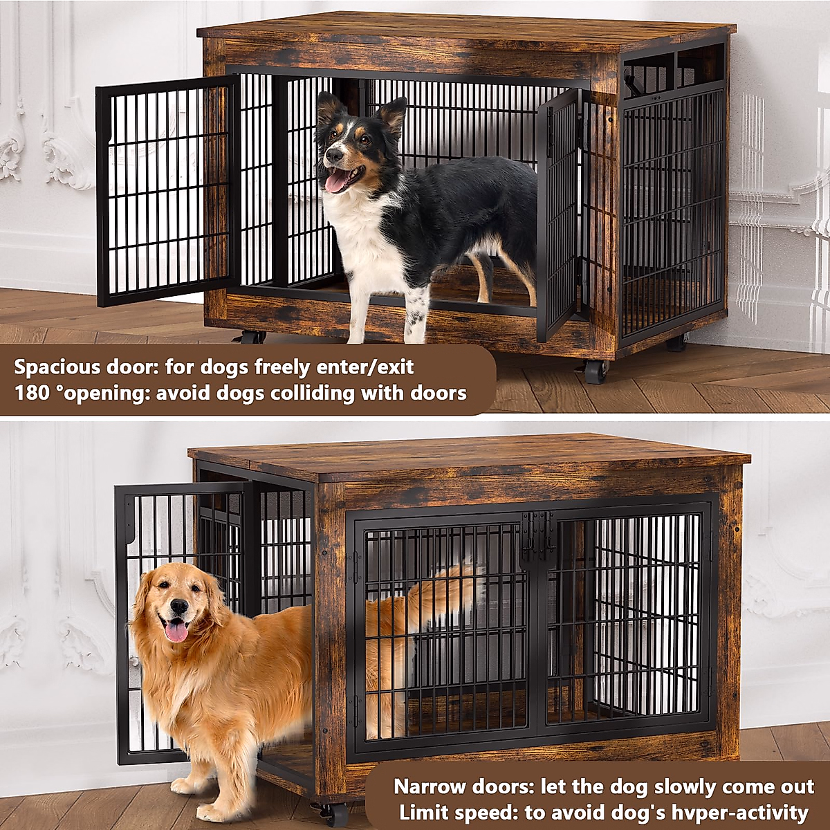 EasyCom Dog Crate Furniture, Extra Large Dog Kennel Indoor with Top-Access Teasing/Feeding Door, Spacious Dog House Moveable Furniture-Style Dog Cage with Wheels Double Doors