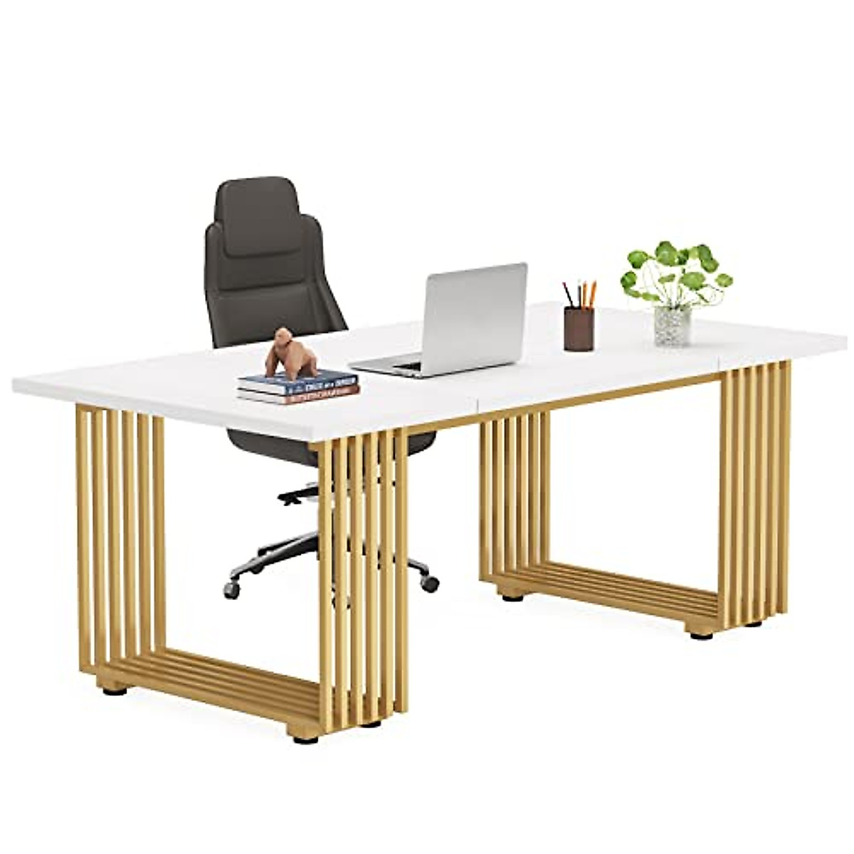 Tribesigns 70.9" Modern Office Desk, Wooden Computer Desk, White Executive Desk with Gold Metal Legs, Large Workstation for Home Office, Study Writing Desk, Small Conference Table for Meeting Room