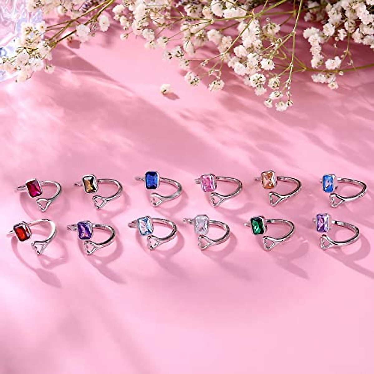 Qings Square Birthstone Adjustable Ring 925 Sterling Silver Hollow Love Heart Cubic Zirconia Aquamarine March Birthstone Open Rings Birthday Gifts for Women Girls