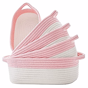 OIAHOMY Cotton Rope Storage Basket, Set of 5 Woven Baskets for Organizing with Handles, Decorative Basket for Baby Nursery, Dog Cat Toy Baskets - Pink & White
