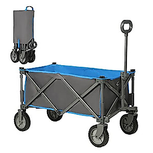 PORTAL Collapsible Folding Utility Wagon Cart Heavy Duty Foldable Outdoor Garden Camping Cart with Removable Fabric, Grey/Blue
