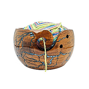 METLUMBER Wooden Yarn Bowl Rosewood Yarn Storage Bowl Holder & Dispenser for Tangle-Free Yarn Perfect Large Knitting & Crochet Bowl Fractal Wood Burning & Resin Artwork